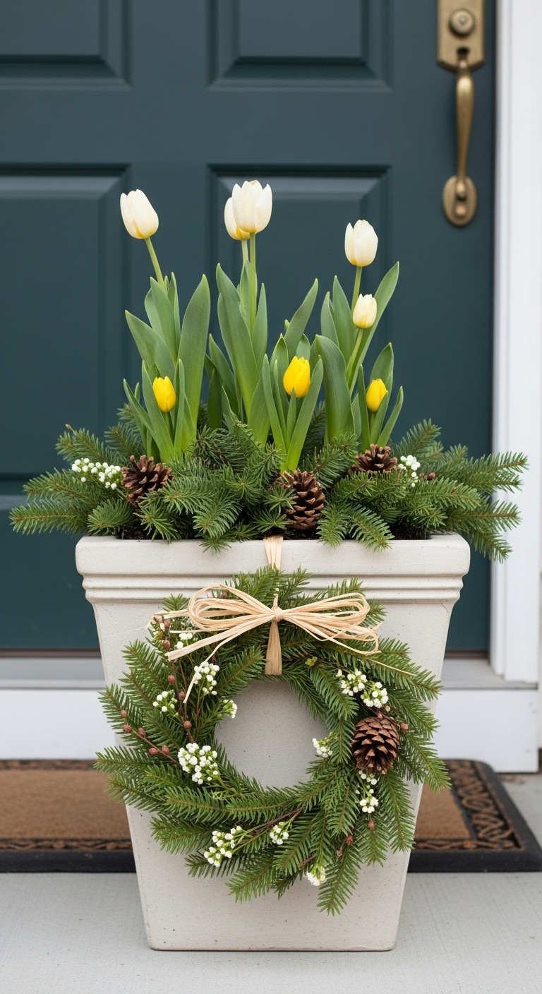 Transitional Winter to Spring Planter Ideas for Front Porches